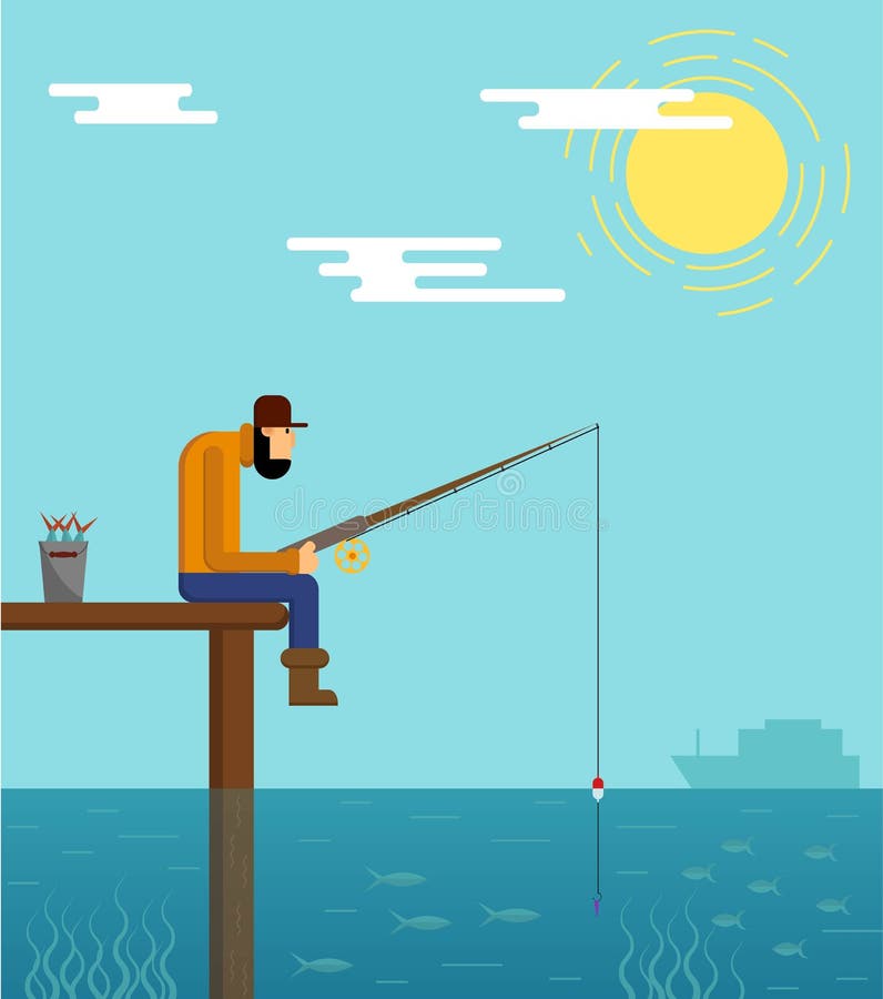 Man Fishing With Rod, Catching Vector Fish On Hook Stock Vector ...
