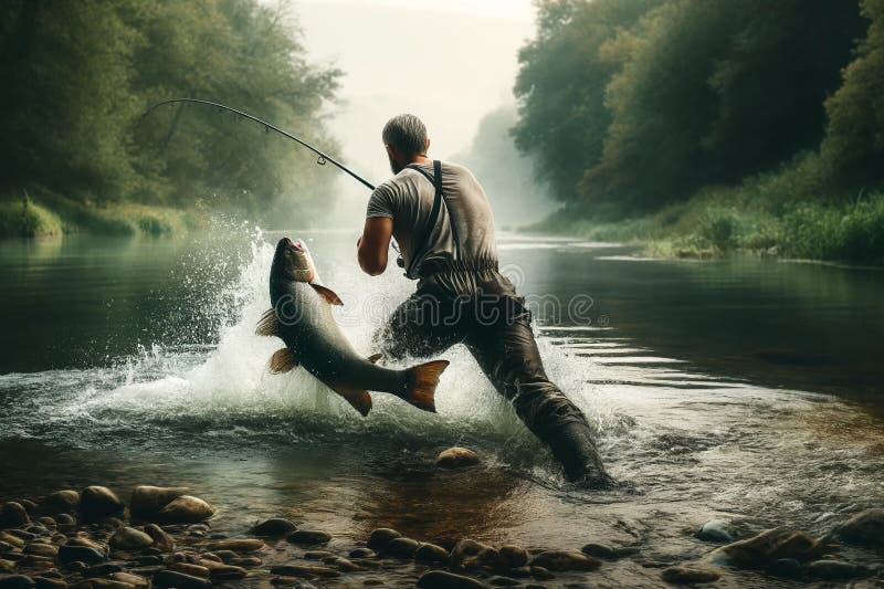 Fisherman Catching a Large Fish in a River at Sunrise Stock ...