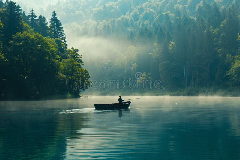Fisherman Cathing a Fish on a Boat in Forest Lake Stock Illustration ...