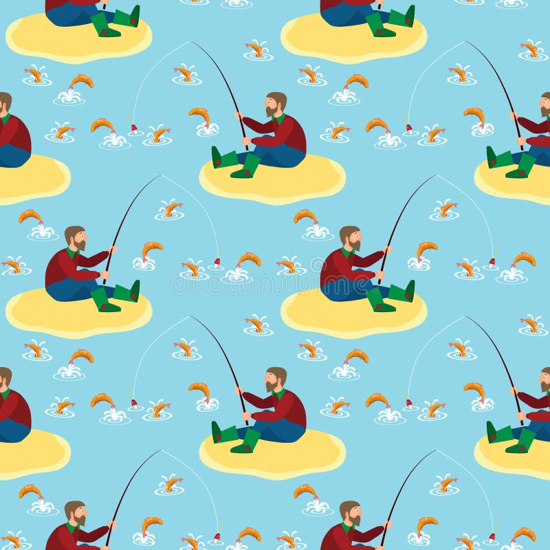 Fisherman and Fish. Seamless Pattern Stock Illustration - Illustration ...