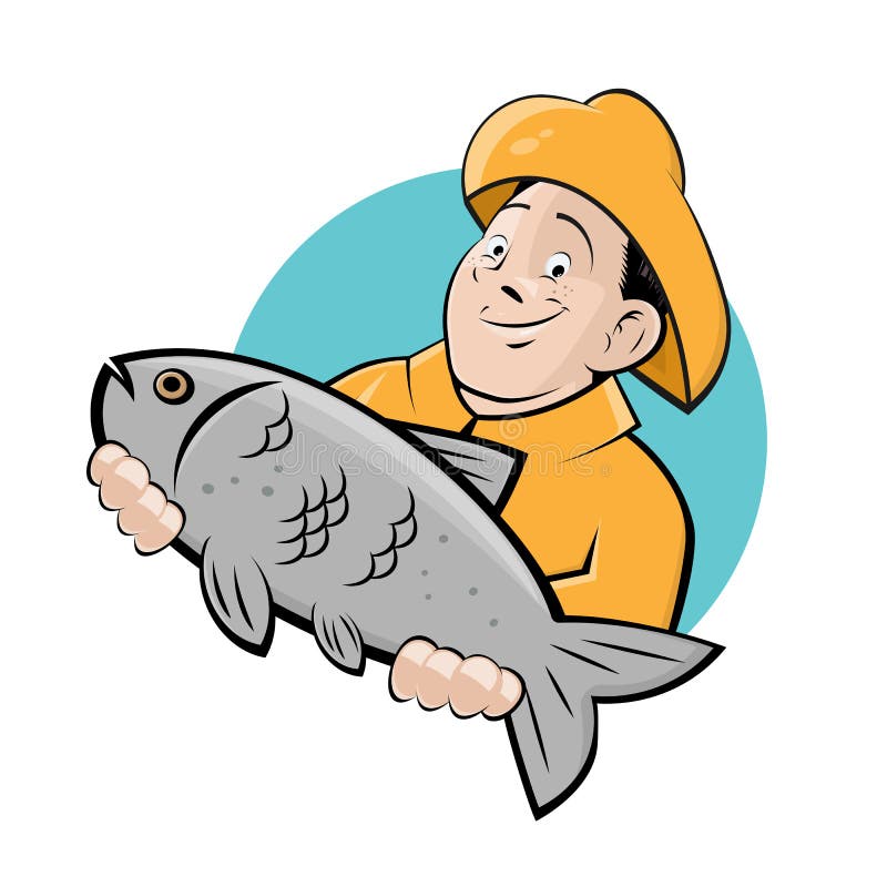 Cartoon Illustration of a Funny Fisherman Holding a Fish Stock Vector ...