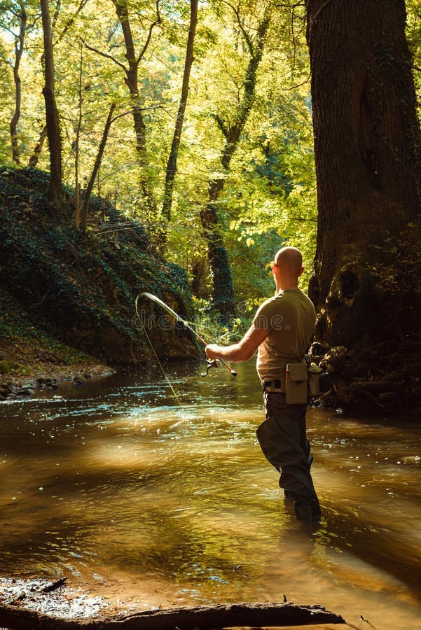 A Fisherman Fishing with Fly Fishing Stock Image - Image of activity ...