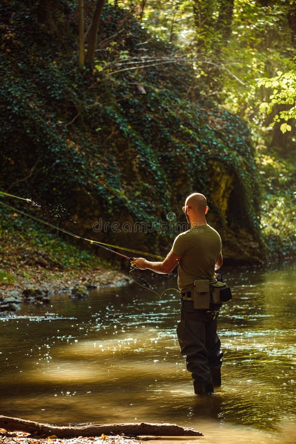 A Fisherman Fishing with Fly Fishing Stock Image - Image of brook ...