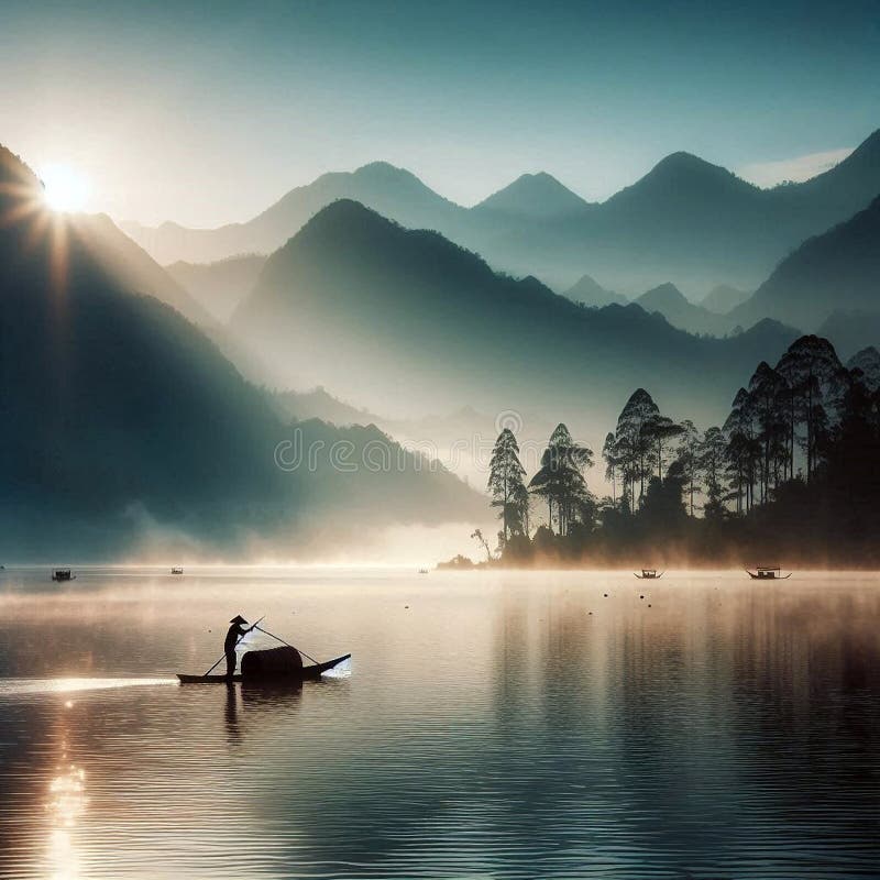 A fisherman is fishing stock illustration. Illustration of evening ...