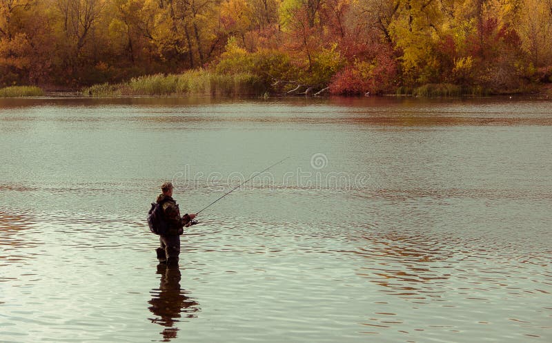 Fisherman Fishing Standing in Water Stock Image - Image of evening ...
