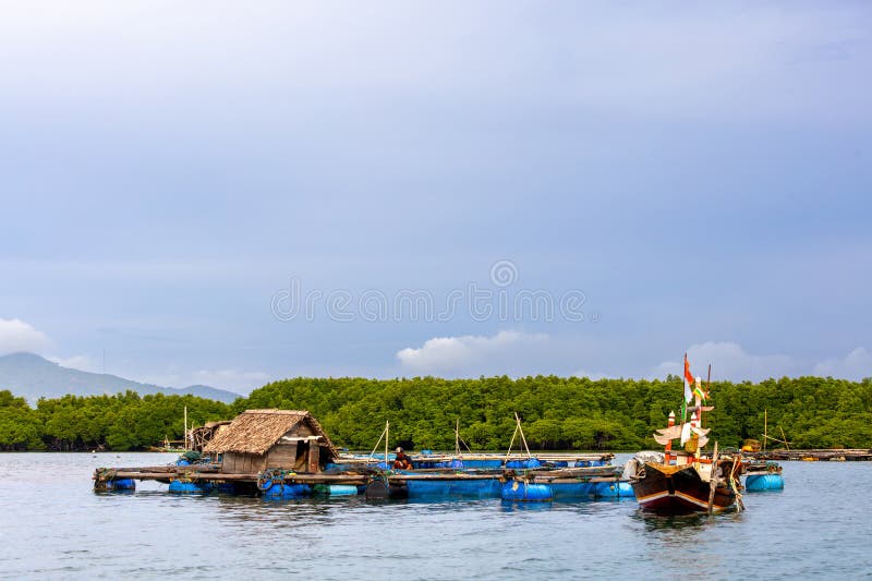 Fisherman and His Boat on Traditional Floating Fishery Structure ...
