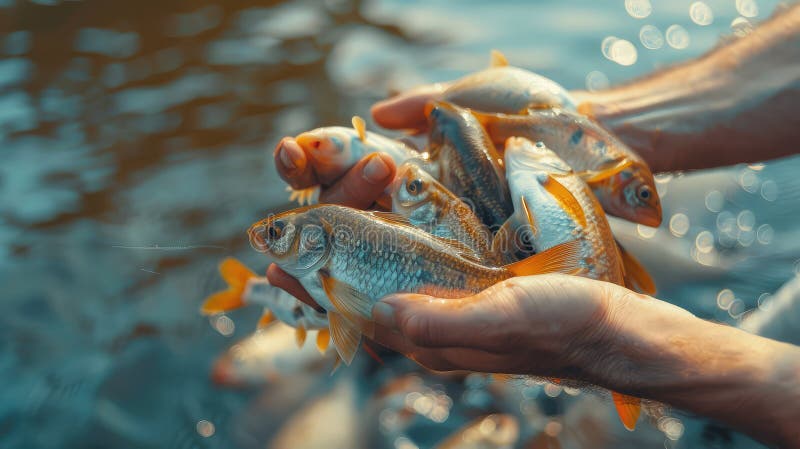 The Fisherman Holds a Fish in His Hands. Selective Focus Stock Photo ...