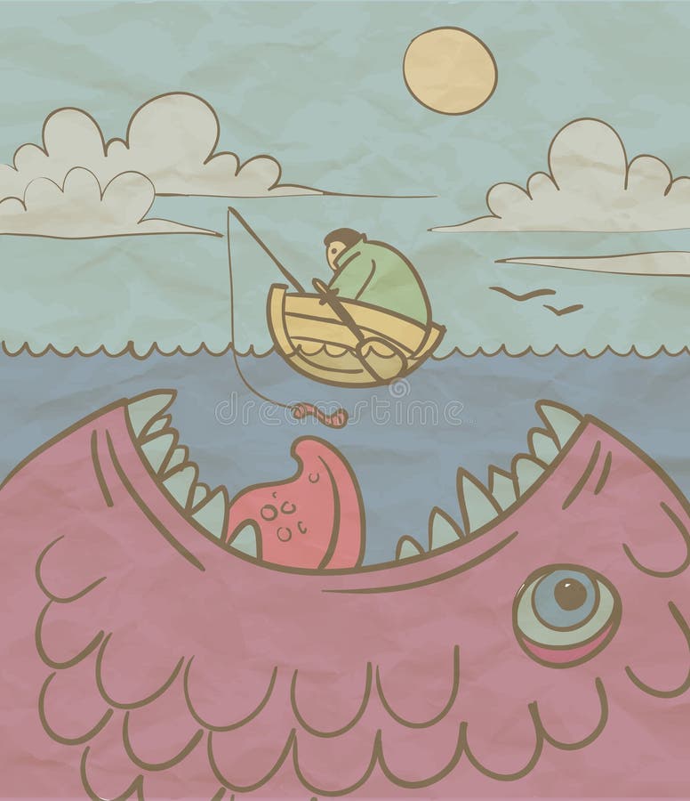 Fisherman and a Huge Fish in the Sea Stock Vector - Illustration of ...