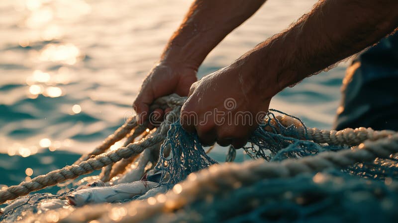 Fisherman Pulling Fishing Net with Fresh Fish at Sunset Stock Image ...