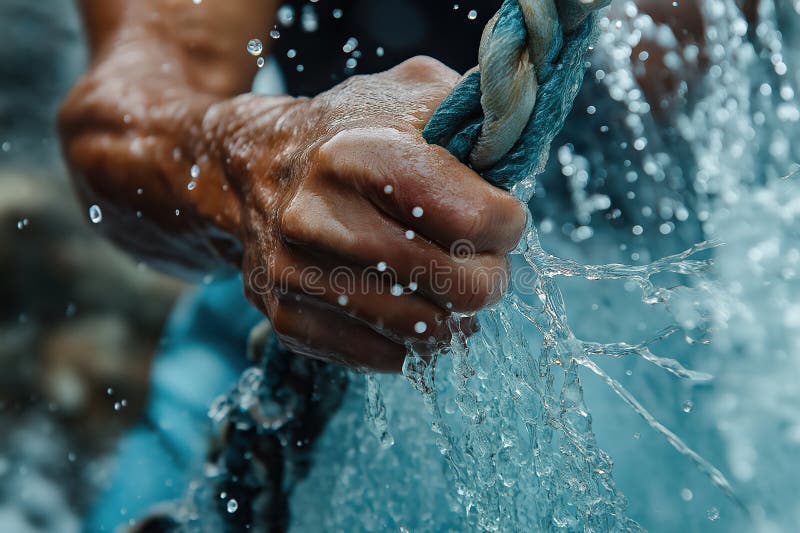 Fisherman Pulling Rope from Water with Splashing Drops Stock ...
