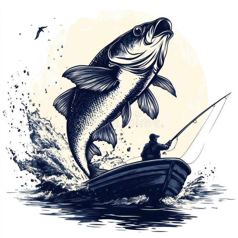 Fisherman Reels in Huge Fish Epic Catch Moonlight Scene Stock ...