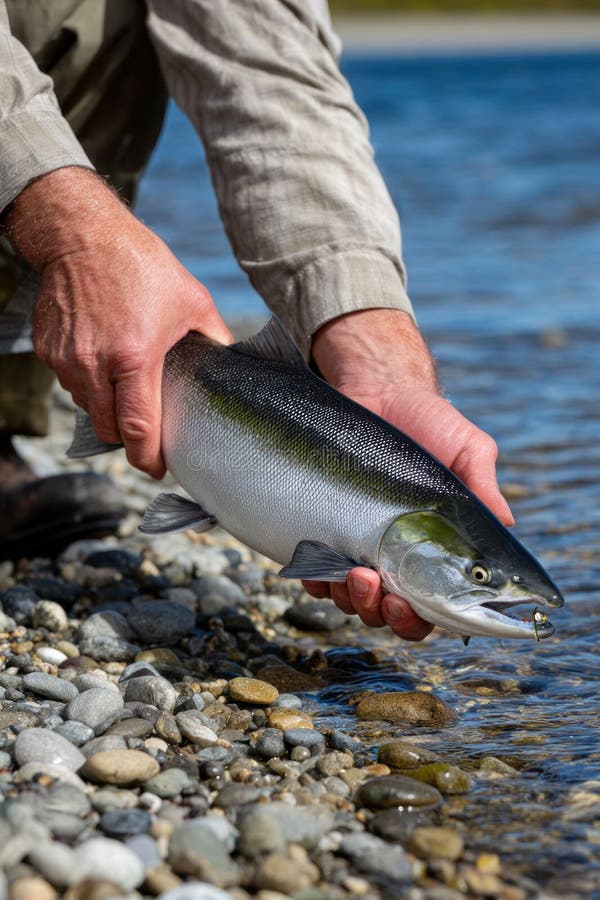 Fisherman Releasing Silver Salmon into River after Catching Stock Photo ...