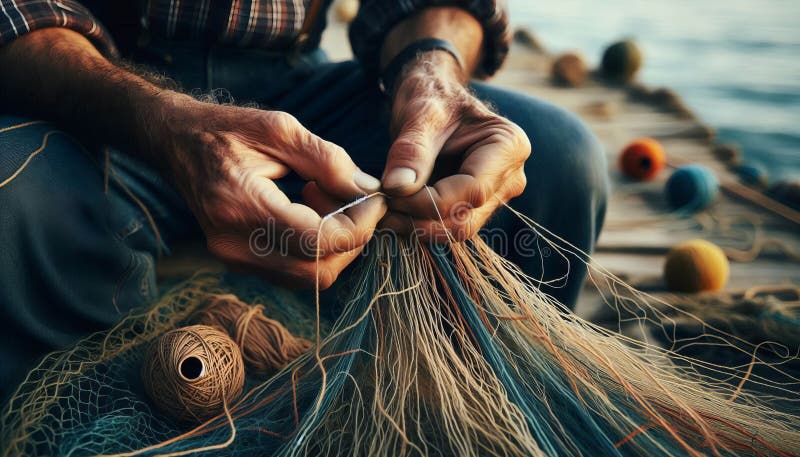 A Fisherman Repairing a Torn Net Knotting Threads with Practiced Stock ...