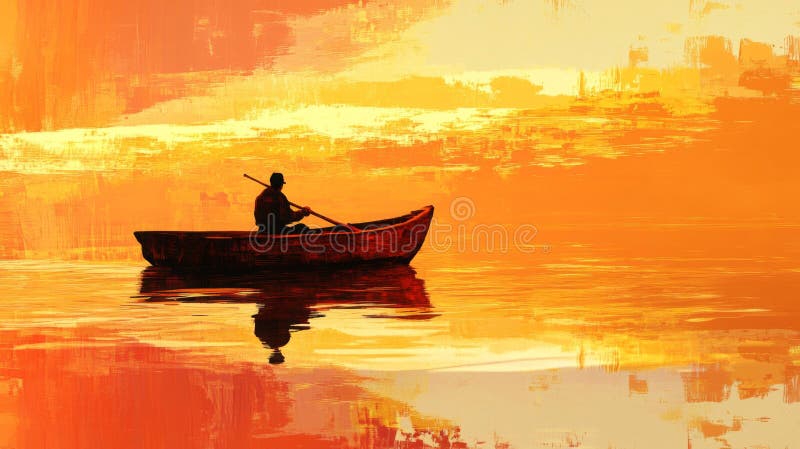 Fisherman Rowing Boat at Sunset on Golden Water Stock Illustration ...