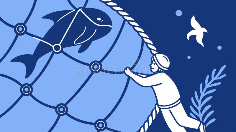 Fisherman S Catch Vector: Netting a Giant Fish at Sea, Vector Design ...