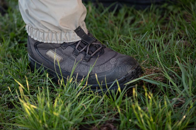 Fisherman S Foot in a Wading Boot on the Grass Stock Image - Image of ...