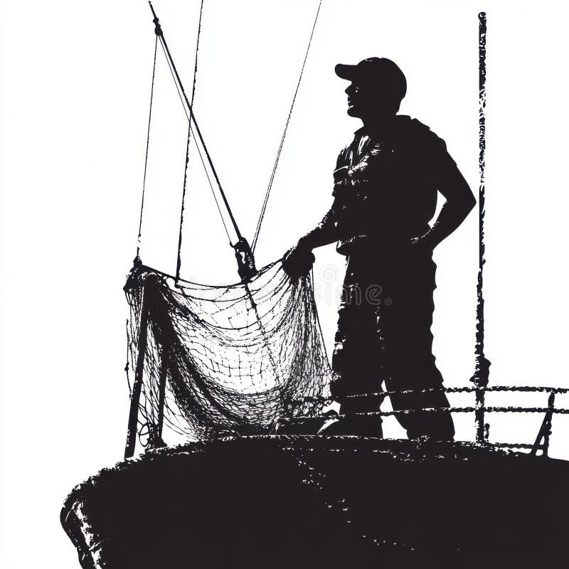 Fisherman Silhouette on Boat with Fishing Net Stock Illustration ...