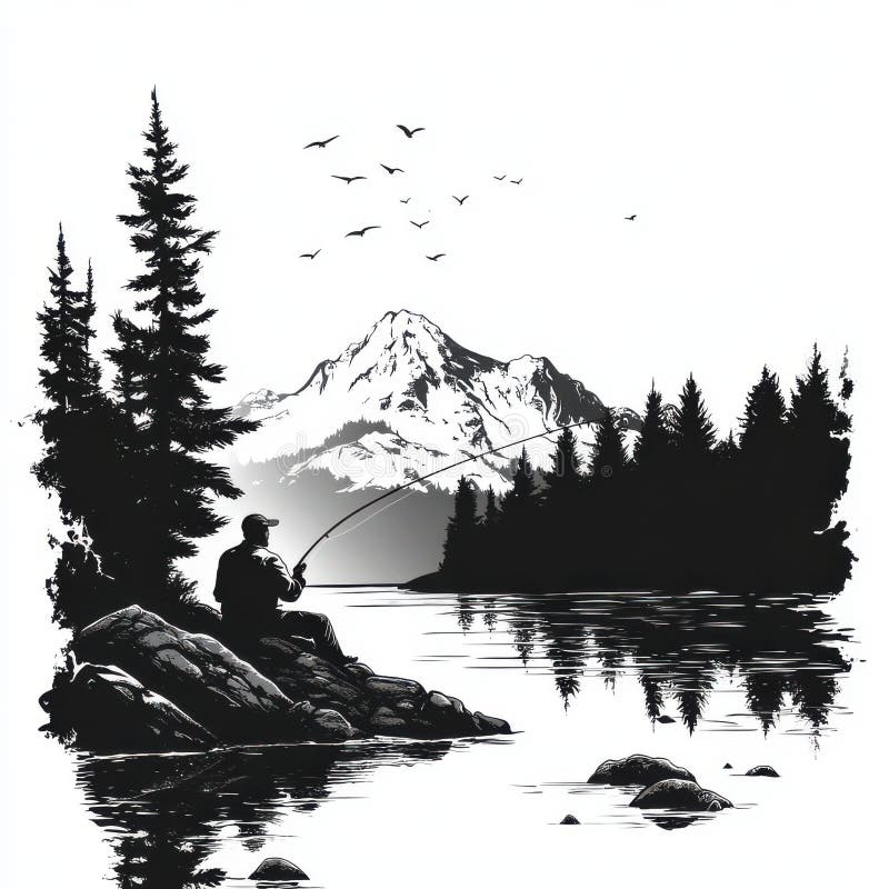 Fisherman Silhouette Peaceful Mountain Lake Scene Stock Illustration ...