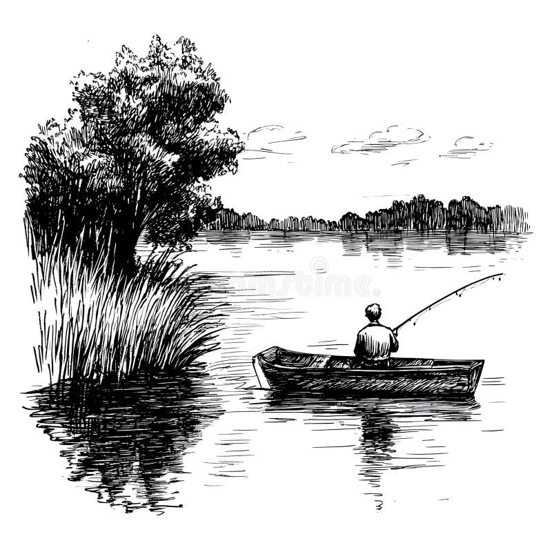 Fisherman in a Small Boat on a Calm Lake, Sketch Style Stock ...