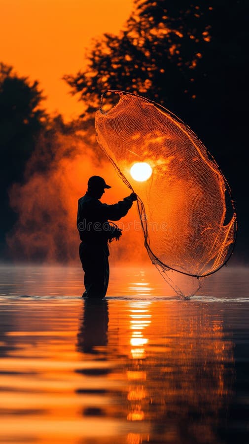 A Fisherman Stands in Shallow Water, Skillfully Casting a Net at Sunset ...