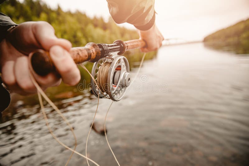 Fisherman Using Rod Fly Fishing in Mountain River Stock Image - Image ...