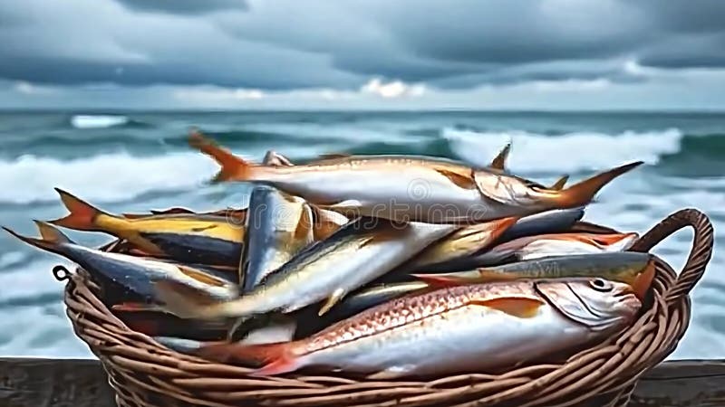 A Fishermans Catch of Colorful Fish Arranged in a Woven Basket, Set ...