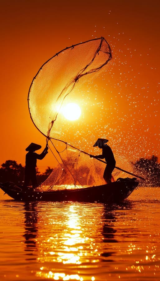 Fishermen Casting Net at Sunset, Golden Hour. Teamwork and Tranquility ...