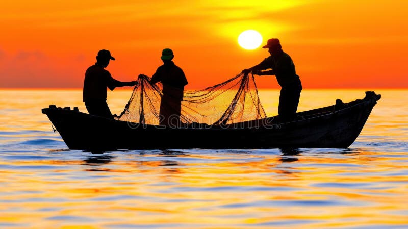 Fishermen Casting Nets on a Wooden Boat at Sunset Stock Illustration ...