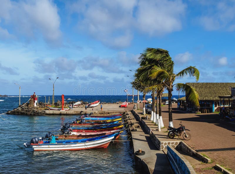 Hanga Roa, Easter Island - July 12 2017: Moai at the Harbor of H ...