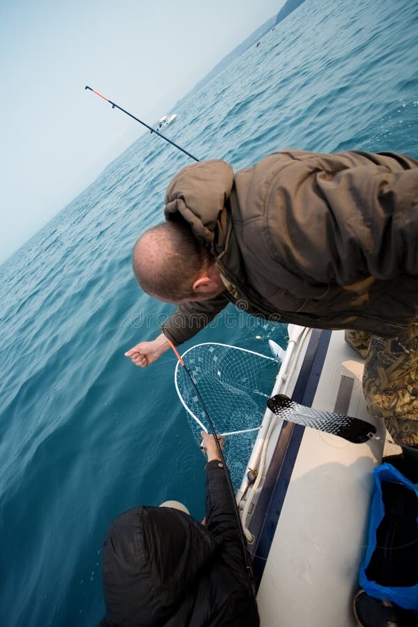 Fishermen Pull Salmon Caught Stock Photo - Image of closeup, person ...