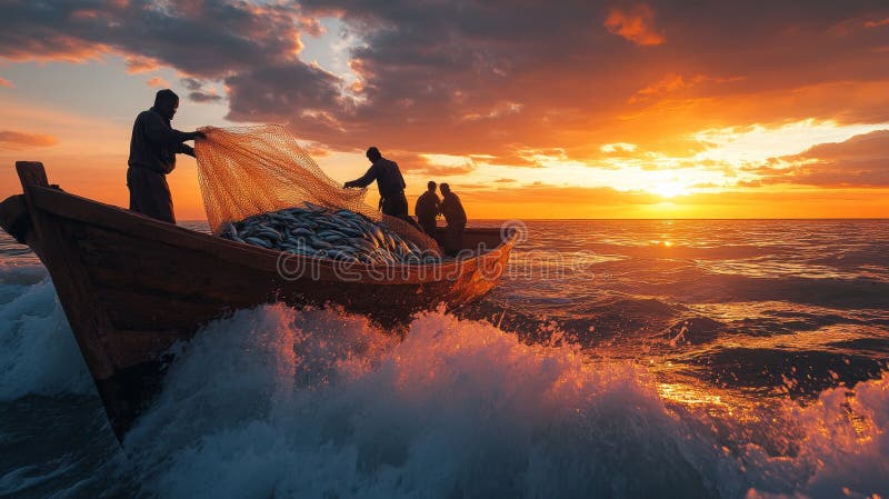 Fishermen Pulling Heavy Net Full of Fish at Sunset Over Ocean Waters ...