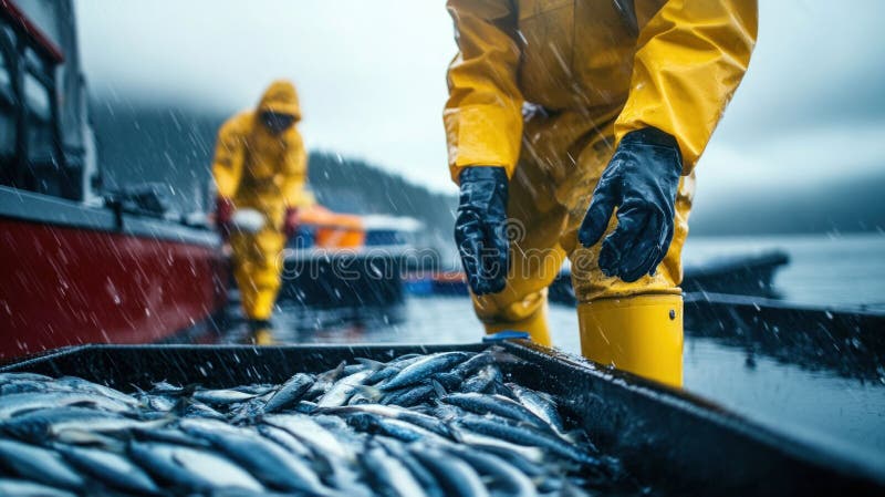 Fishermen Sorting Fresh Fish on a Boat in Rainy Weather Stock ...