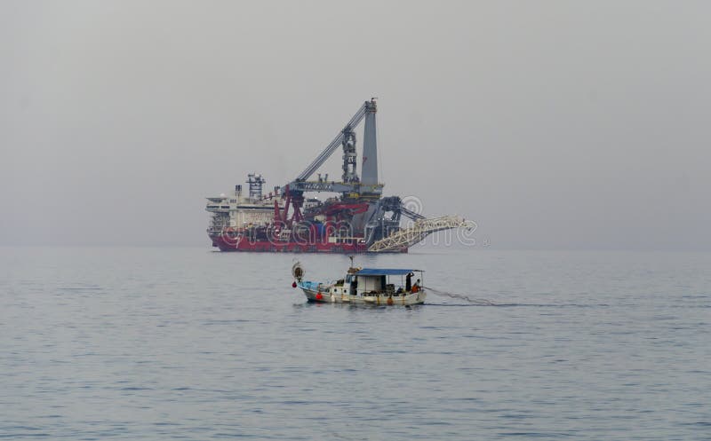 Fishermen Throwing Fishing Nets Vs Modern Ship Editorial Photography ...