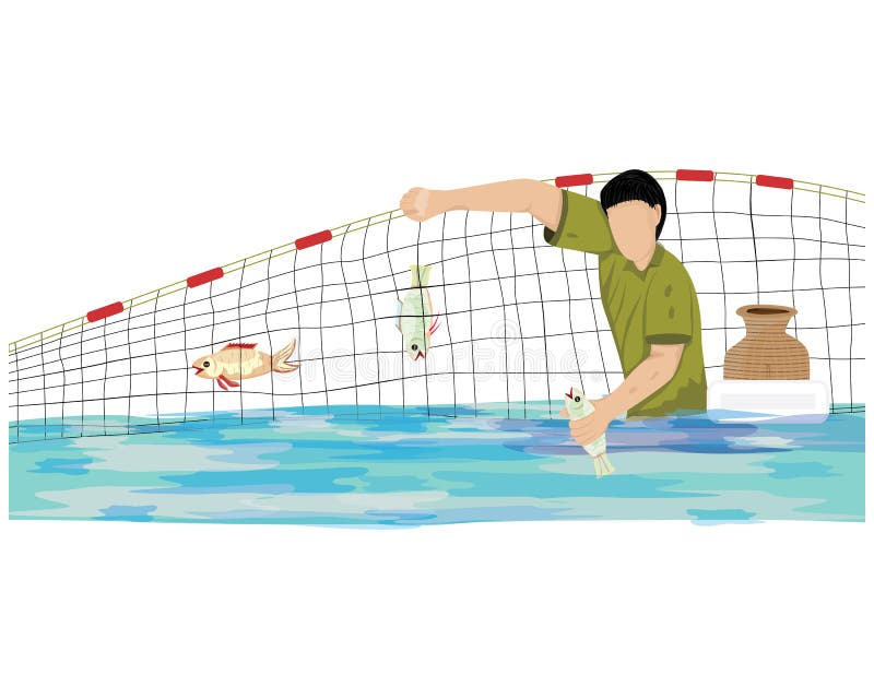 Fishermen Trap Fish with Nets Stock Vector - Illustration of jump ...
