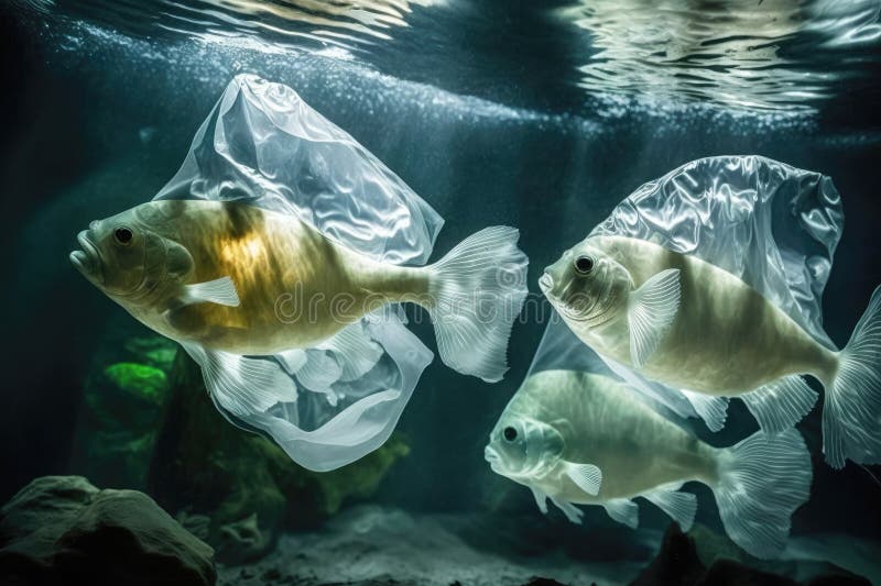 Fishes in Plastic Bag. Massive Plastic Pollution Underwater Concept ...