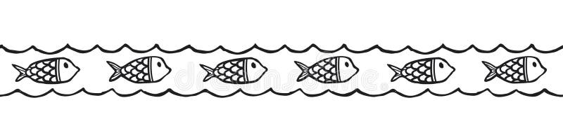 Fishes in the Sea Border, Black and White Stock Vector - Illustration ...