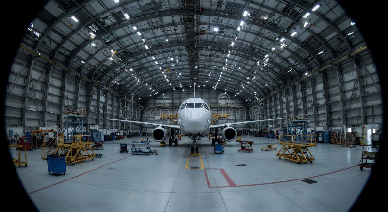Vast Empty Aircraft Hangar: Fisheye View of Airplane Awaiting ...