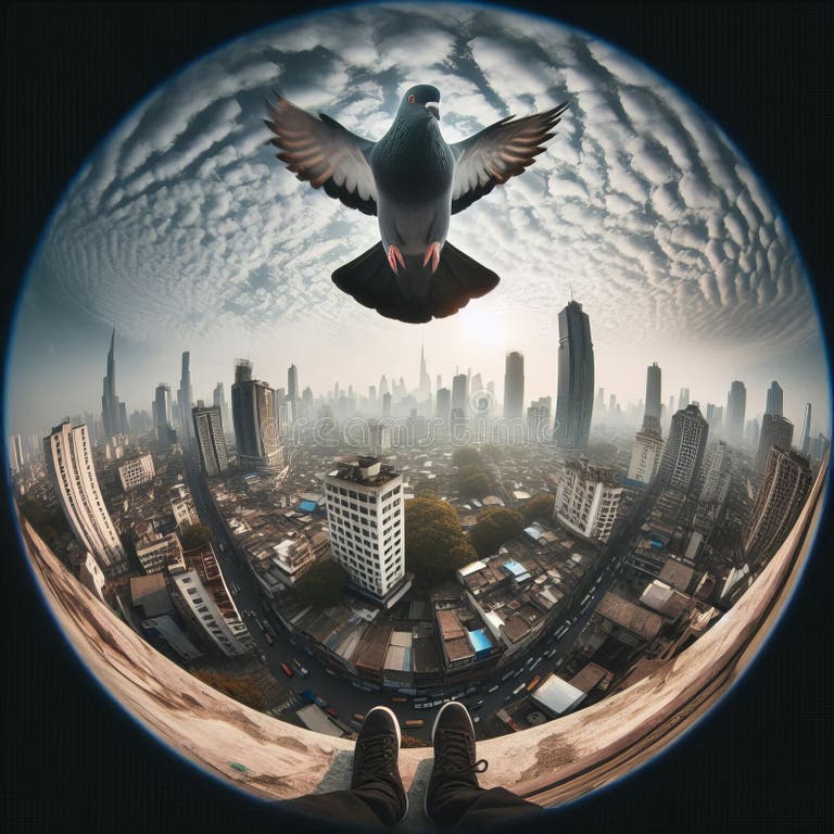 A Fisheye Lens Capturing a Pigeonâ€™s Perspective from a Roofto Stock ...