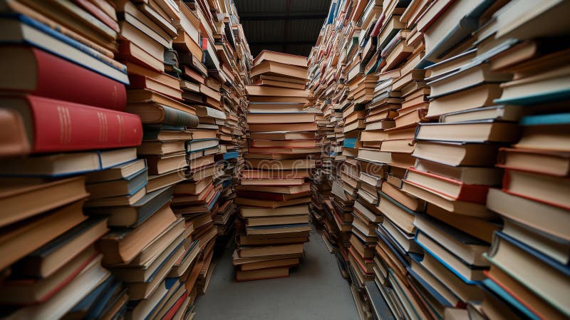 Fisheye Lens Capturing Towering Stacks of Books Forming a Narrow ...