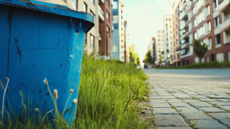 Fisheye View of a Blue Garbage Container in a Residential Area ...