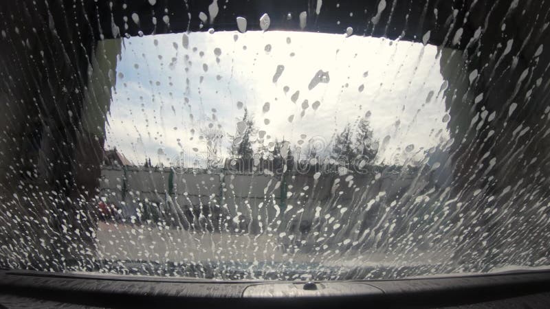 Car Windshield Washing. Car Cleaning Process. Soap Car. Inside View ...