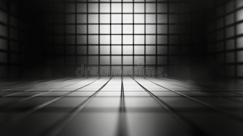 Fisheye View of a Minimalist Room Featuring a Glowing Gridded Wall and ...