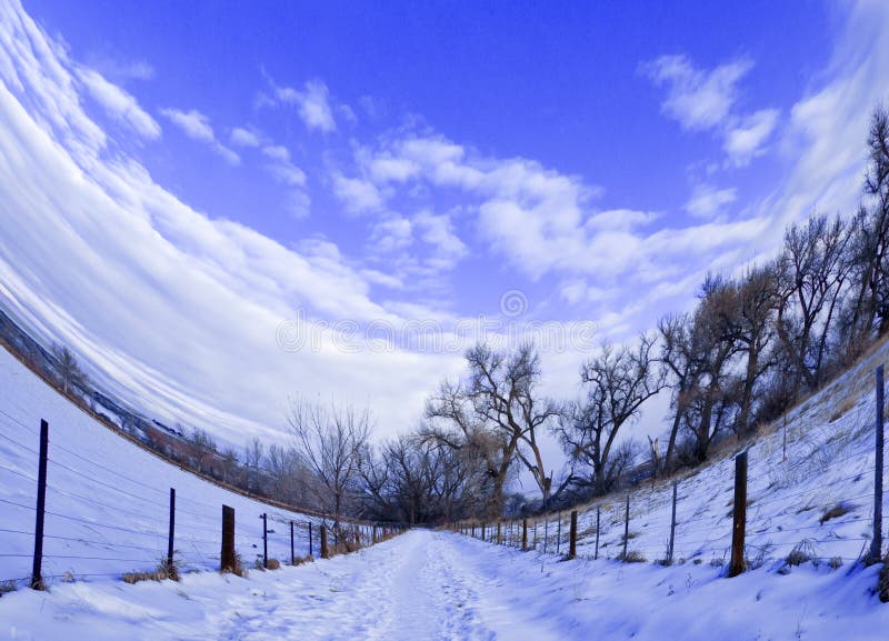 Fisheye View of a Snowy Path with Purple Tint Stock Photo - Image of ...