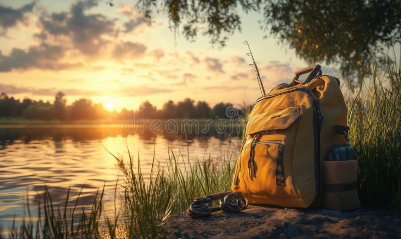 Fishing Backpack by Serene Lake at Sunset with Fishing Rod and Gear ...