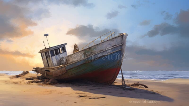 Fishing Boat Beached. Generative AI Stock Illustration - Illustration ...