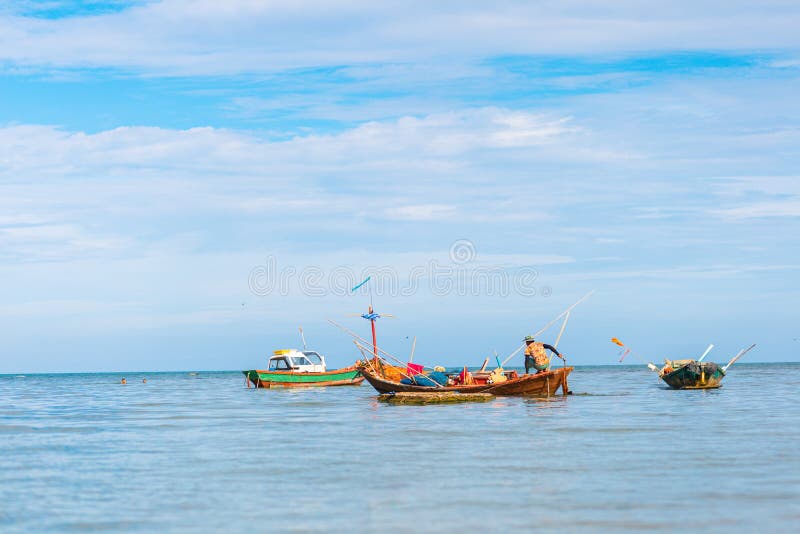 Fishing Boat on the Blue Water and Blue Sky Stock Photo - Image of blue ...