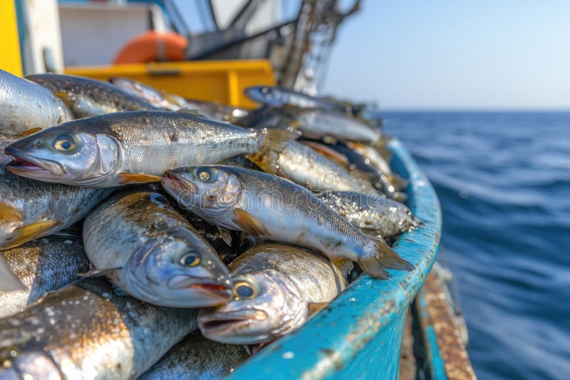 Fishing Boat with Catch of Fish on the Foreground Stock Illustration ...