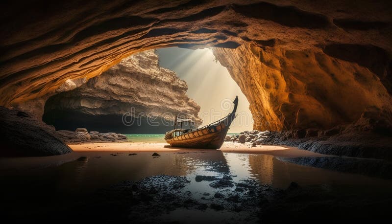 Fishing Boat in the Cave at the Beach. 3d Render Stock Illustration ...