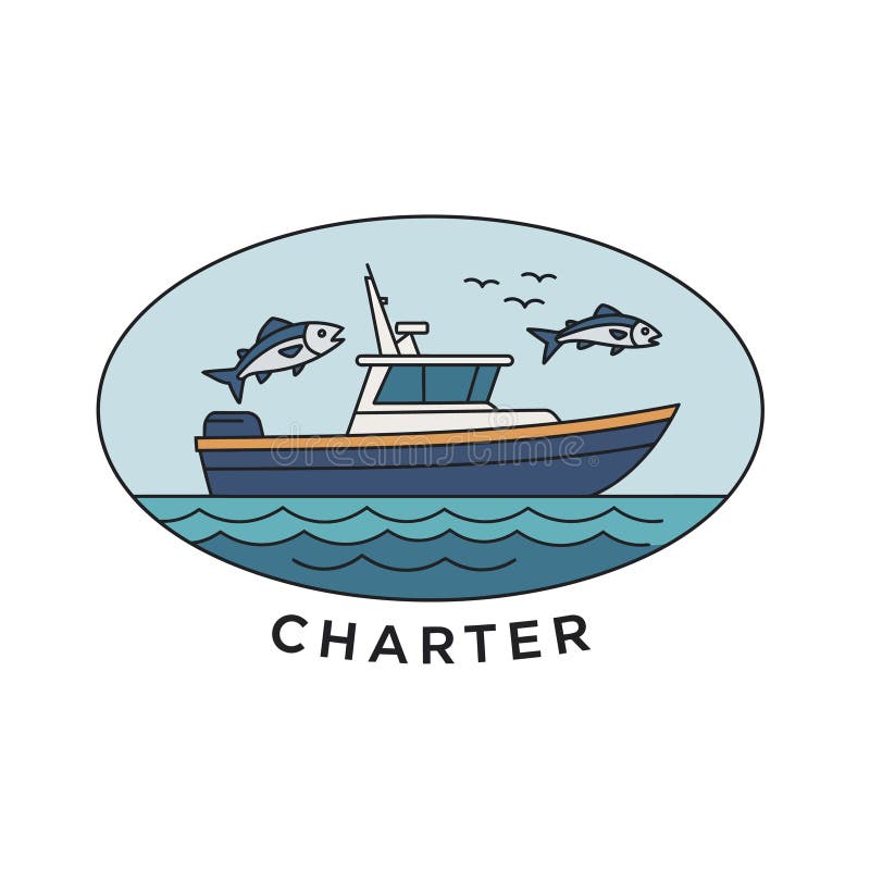 Fishing Boat Charter Logo Design with Two Fish and Ocean Waves in Oval ...