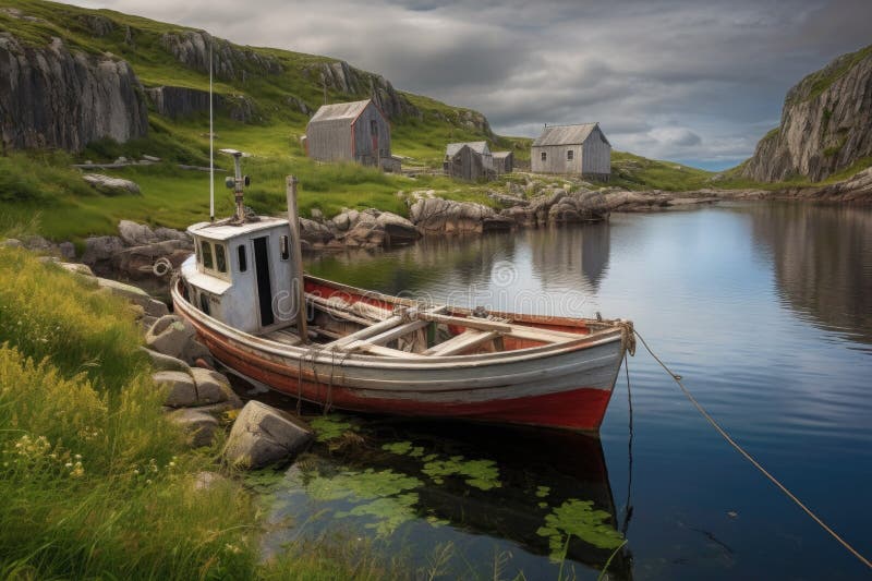 Fishing Boat Docked at a Remote Island Shoreline Stock Photo - Image of ...